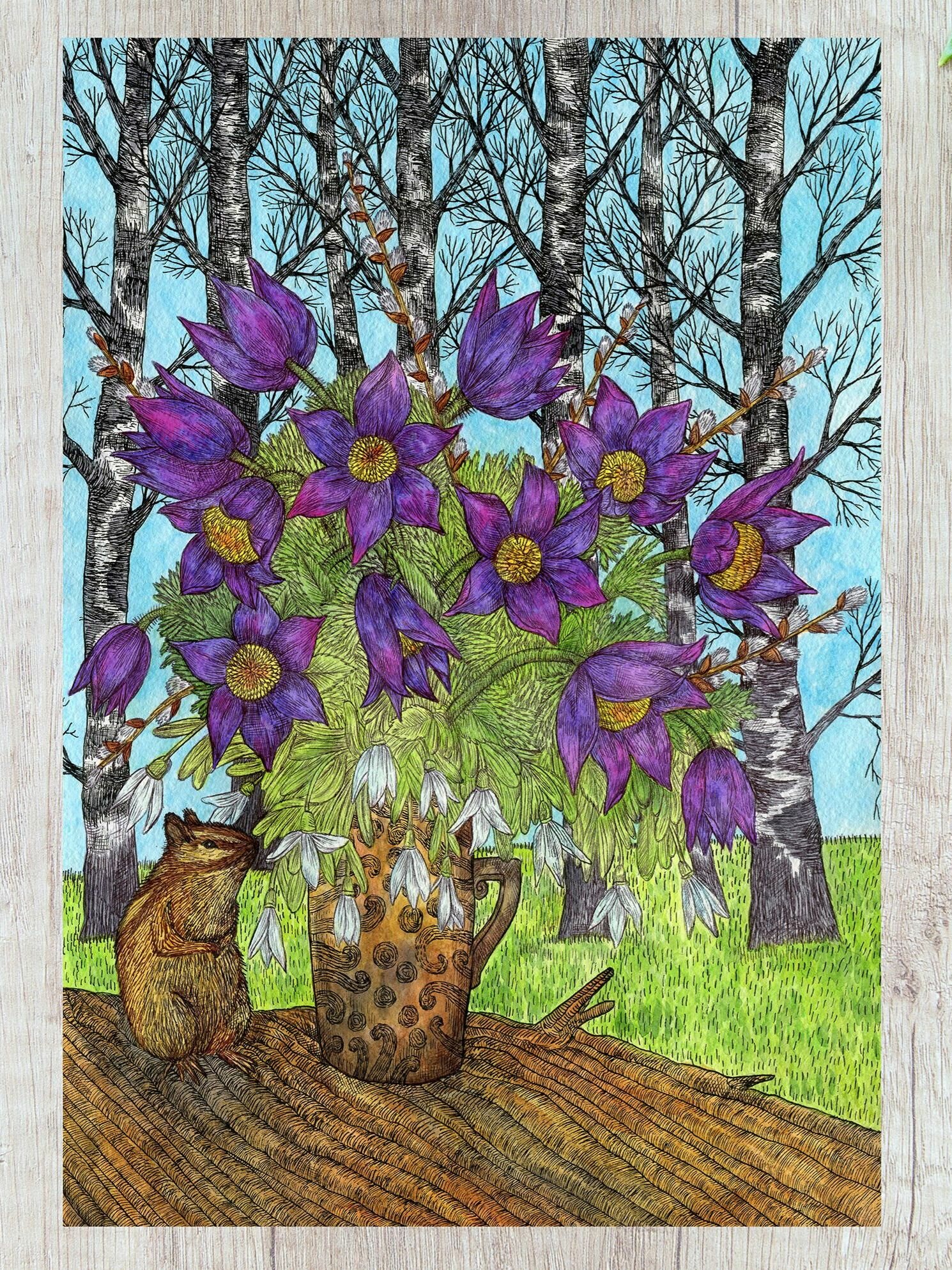 Открытка поздравительная с цветами Открытка с конвертом для посткроссинга Весенний лес