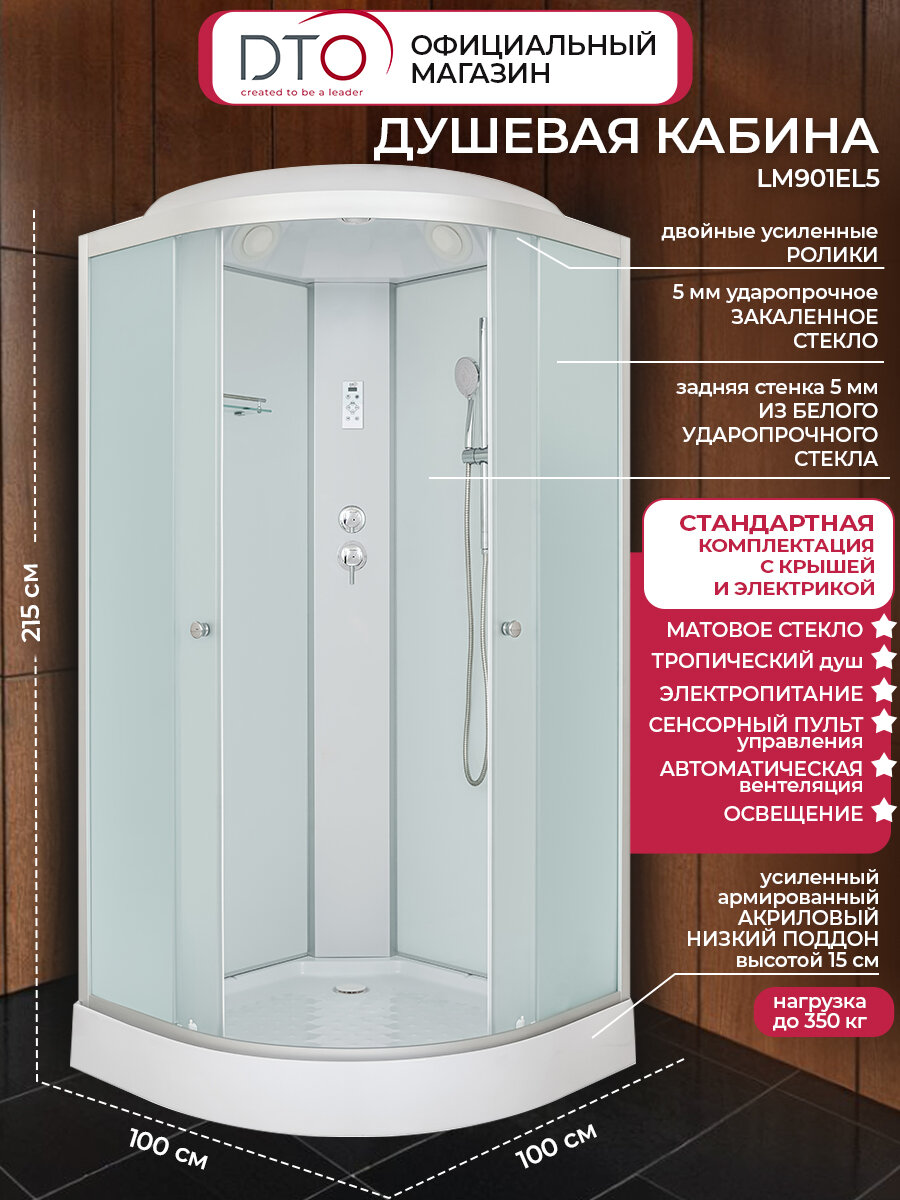 Душевая кабина DTO с крышей, низкий поддон и электрикой, матовое стекло, 100х100х215 см, серия LM