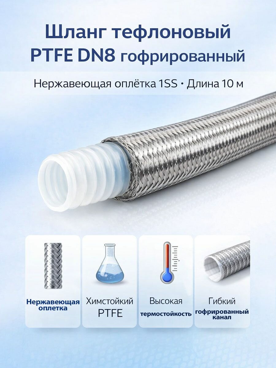 Шланг тефлоновый PTFE DN8 гофрированный, нержавеющая оплётка 1SS, РВД для гидравлики и топлива, 10 м