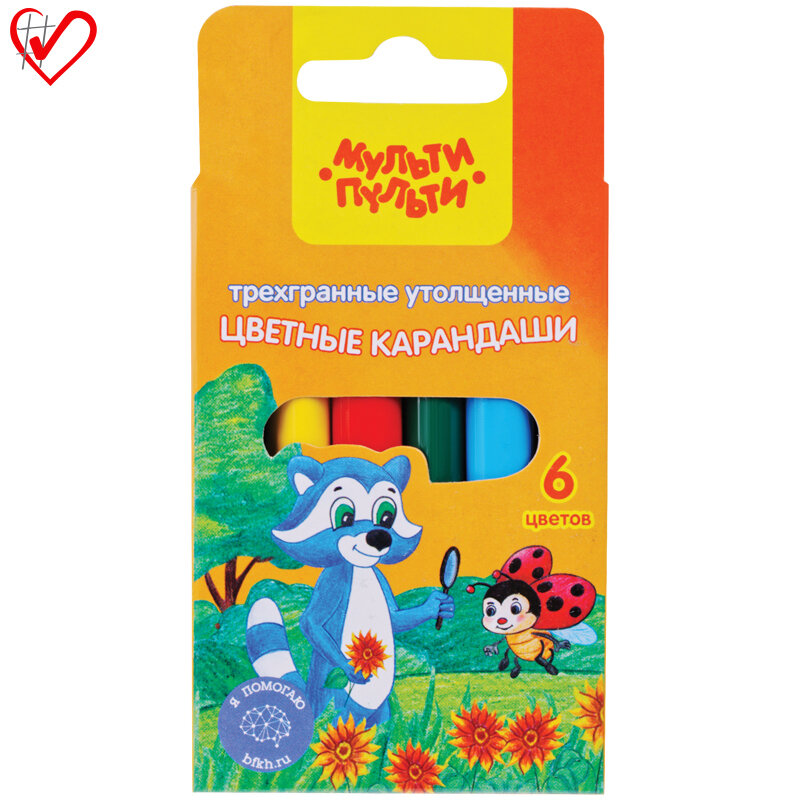 Карандаши цветные "Енот на лугу", 06цв, утолщ, трехгран, укорочен, заточен, картон, CP_14755
