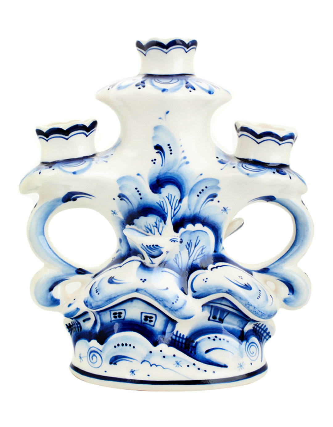 Гжель Подсвечник Деревня, автор Исаев, керамика, ручная роспись