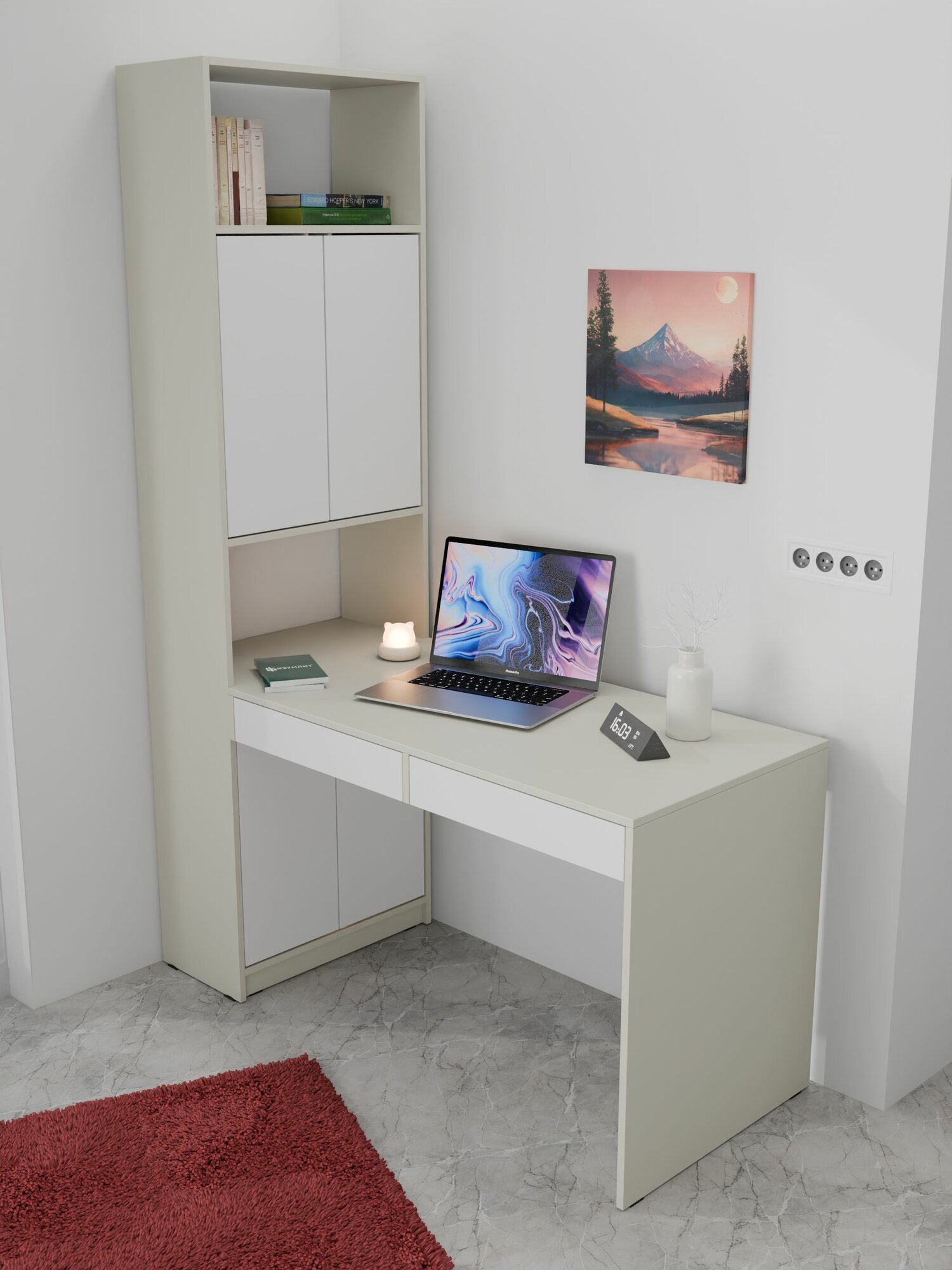 Изумлит Стол-стеллаж с дверьми письменный угловой, стеллаж слева 200х140х59.2 см, бежевый-белый