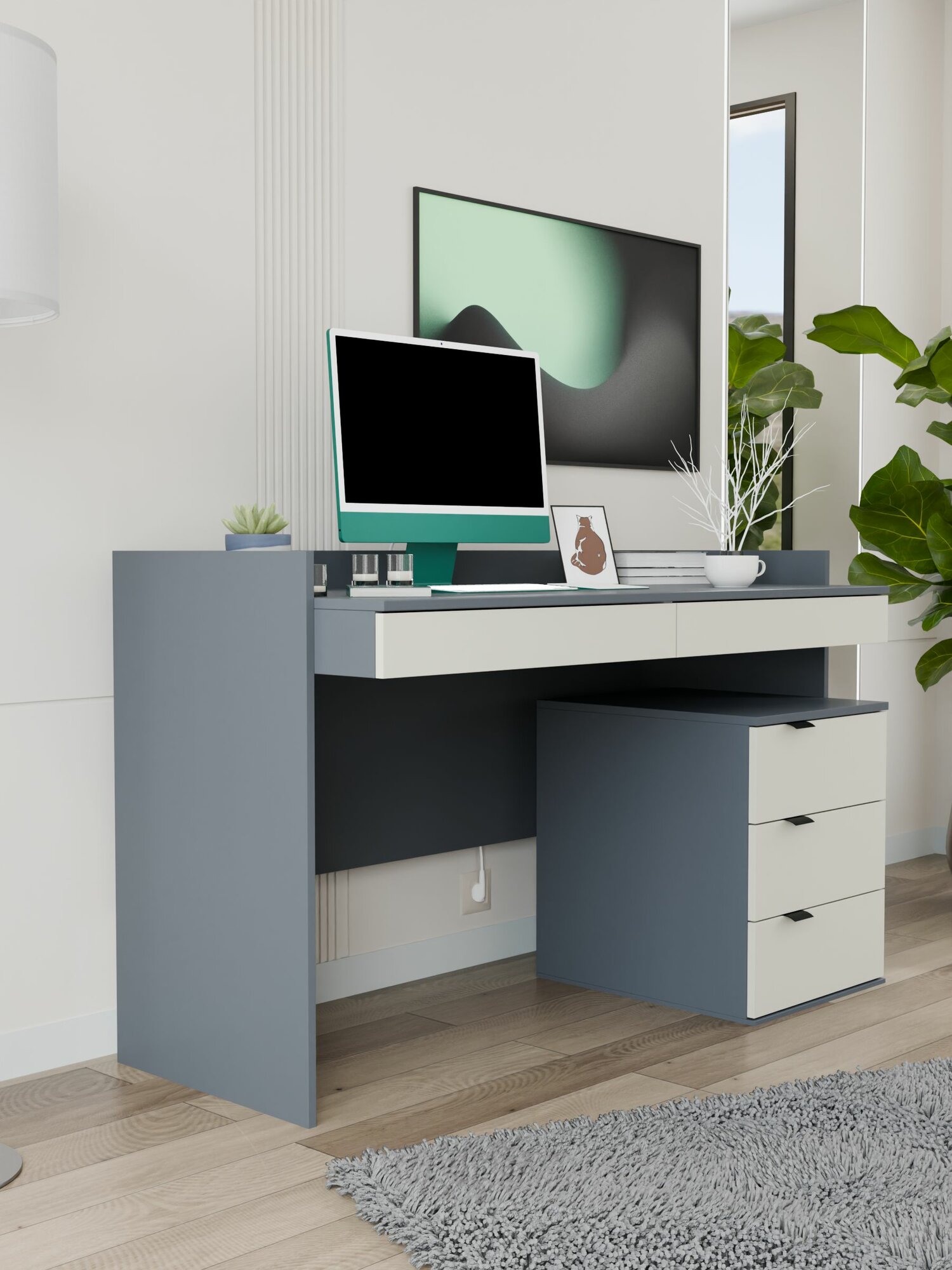 Изумлит Стол компьютерный для офиса и дома Бастион 140х87х64.5 см, корпус+столешница графит/фасад бежевый