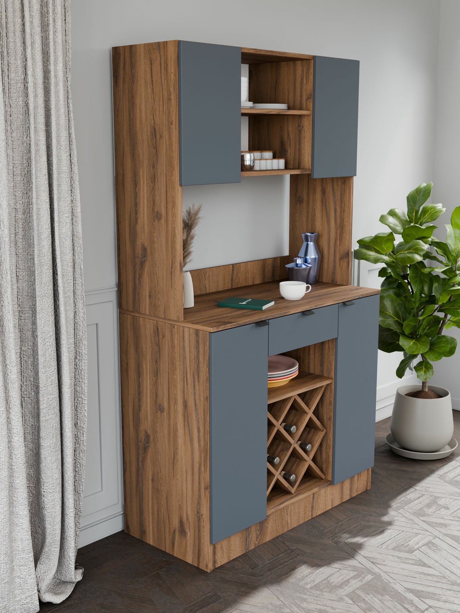 Изумлит Буфет Вилладж-2 100*180*48.5 см (ШхВхГ), дуб крафт табачный-графит