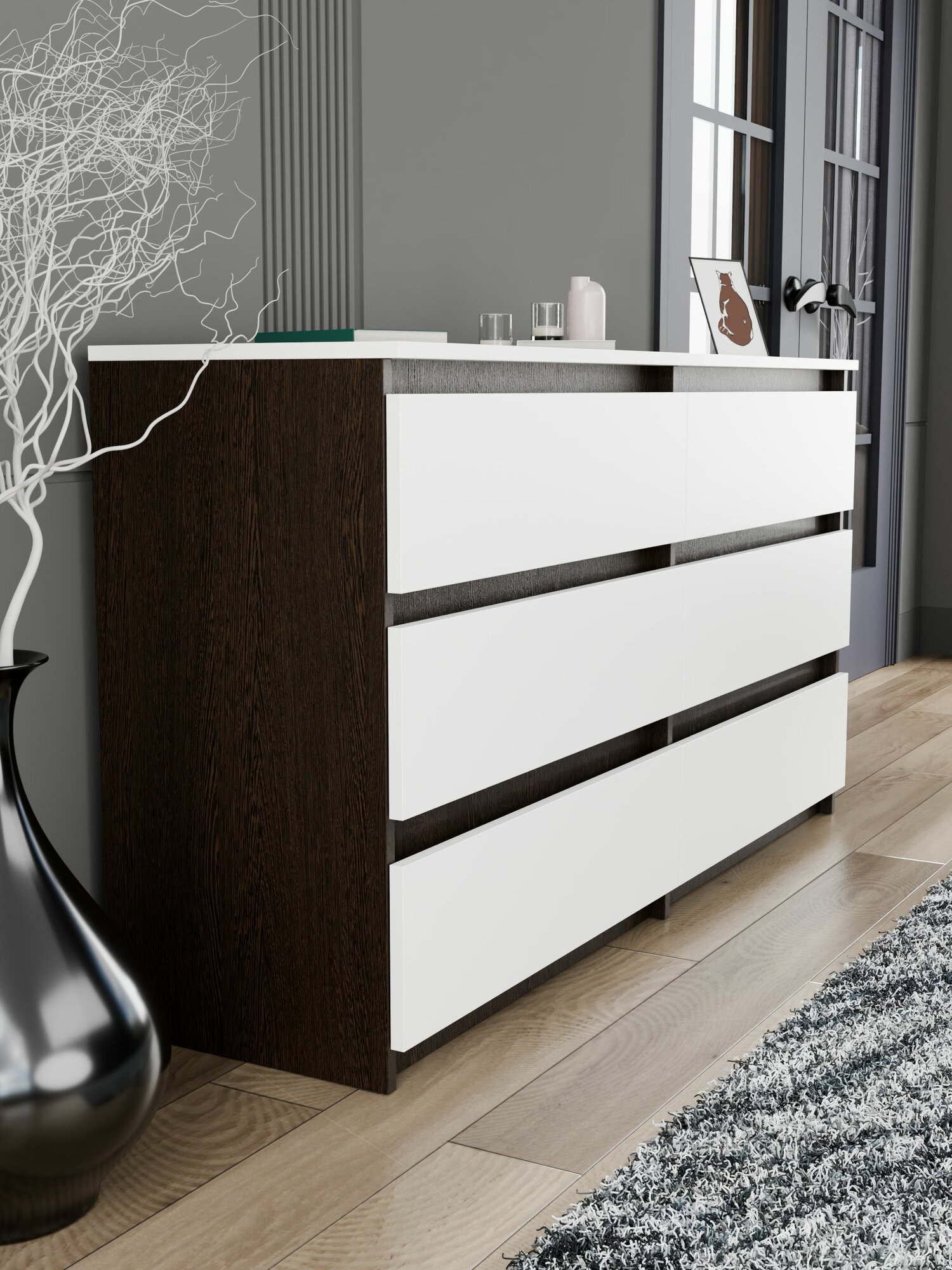 Комод для белья и одежды орлан 6 ящиков, 140х76.4х40 см, венге/белый