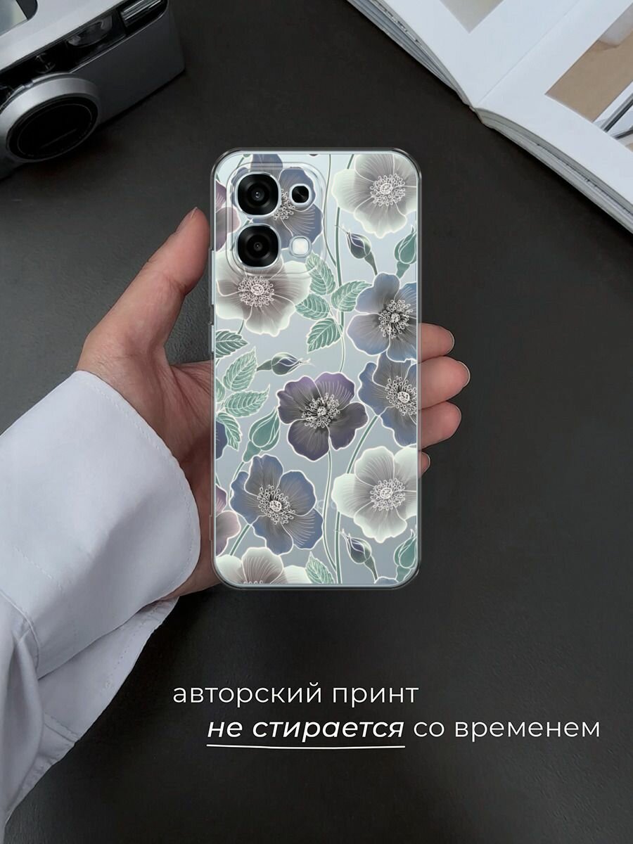Чехол на Oppo A6 Pro / Оппо A6 Про с принтом Blue Flower, прозрачный — фото 1