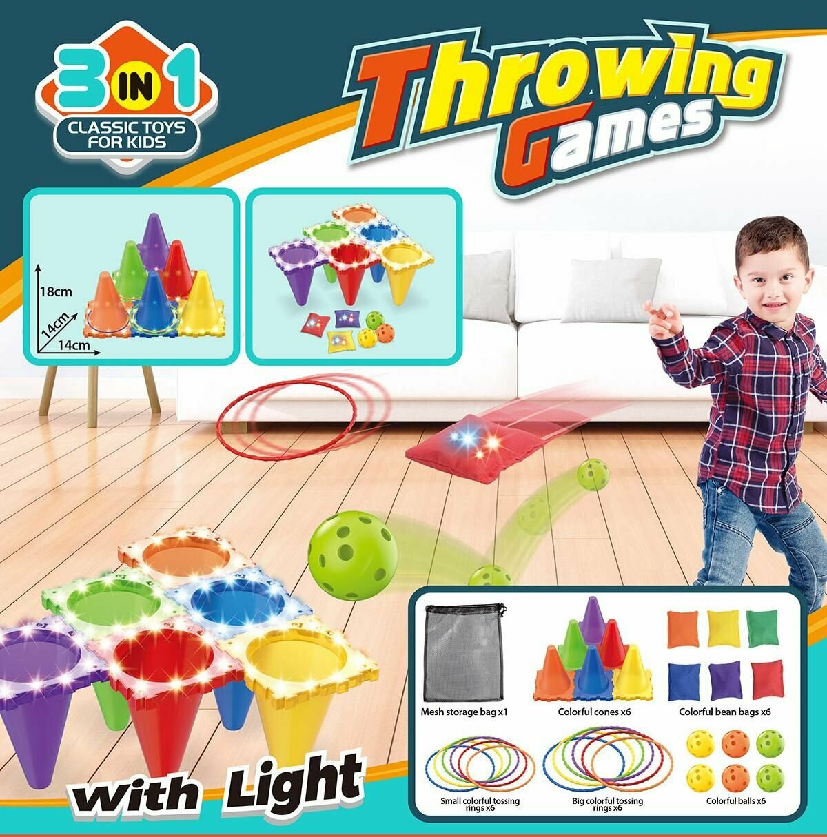Спортивный набор для подвижных игр 3в1 / Кольцеброс, конусы, сенсорные мешочки, шарики-попрыгунчики Светящийся шестицветный мороженое