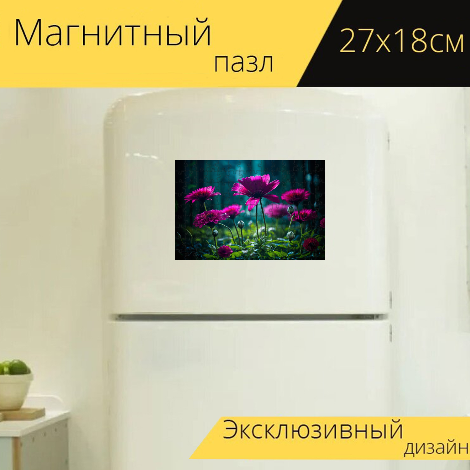 Магнитный пазл "Цветы в стиле тёмное фэнтези, с интригующими текстурами и огнями в воздухе, создающими удивляющую атмосферу" на холодильник 27 x 18 см.