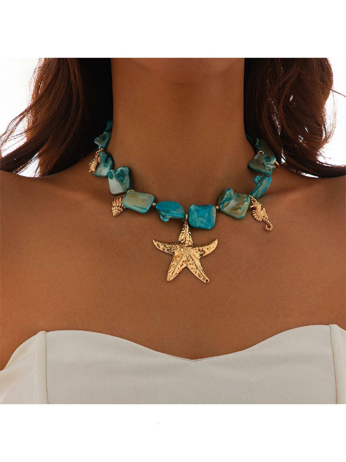 Ожерелье-чокер с раковиной и жемчужинами, C32 синий