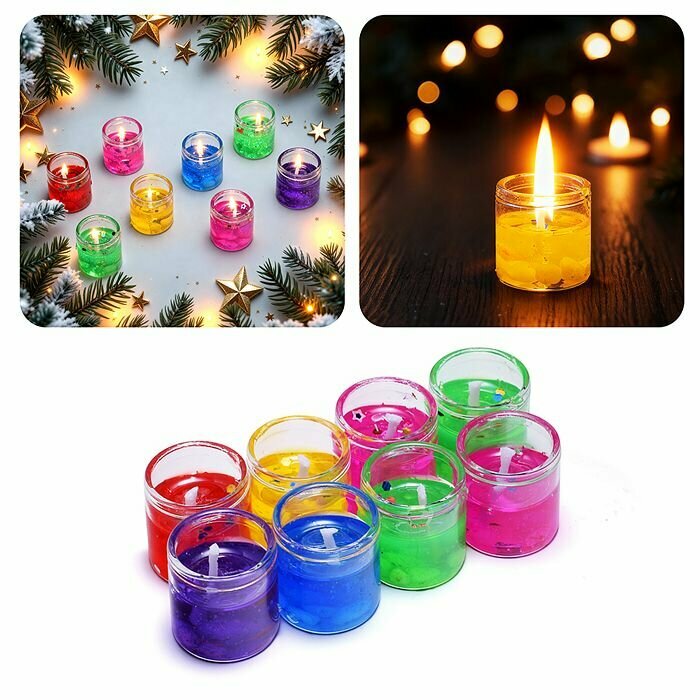 Набор свечей гелевых Oubaoloon 8 шт по 2,7 на 2,7 см в стаканчике, с блёстками