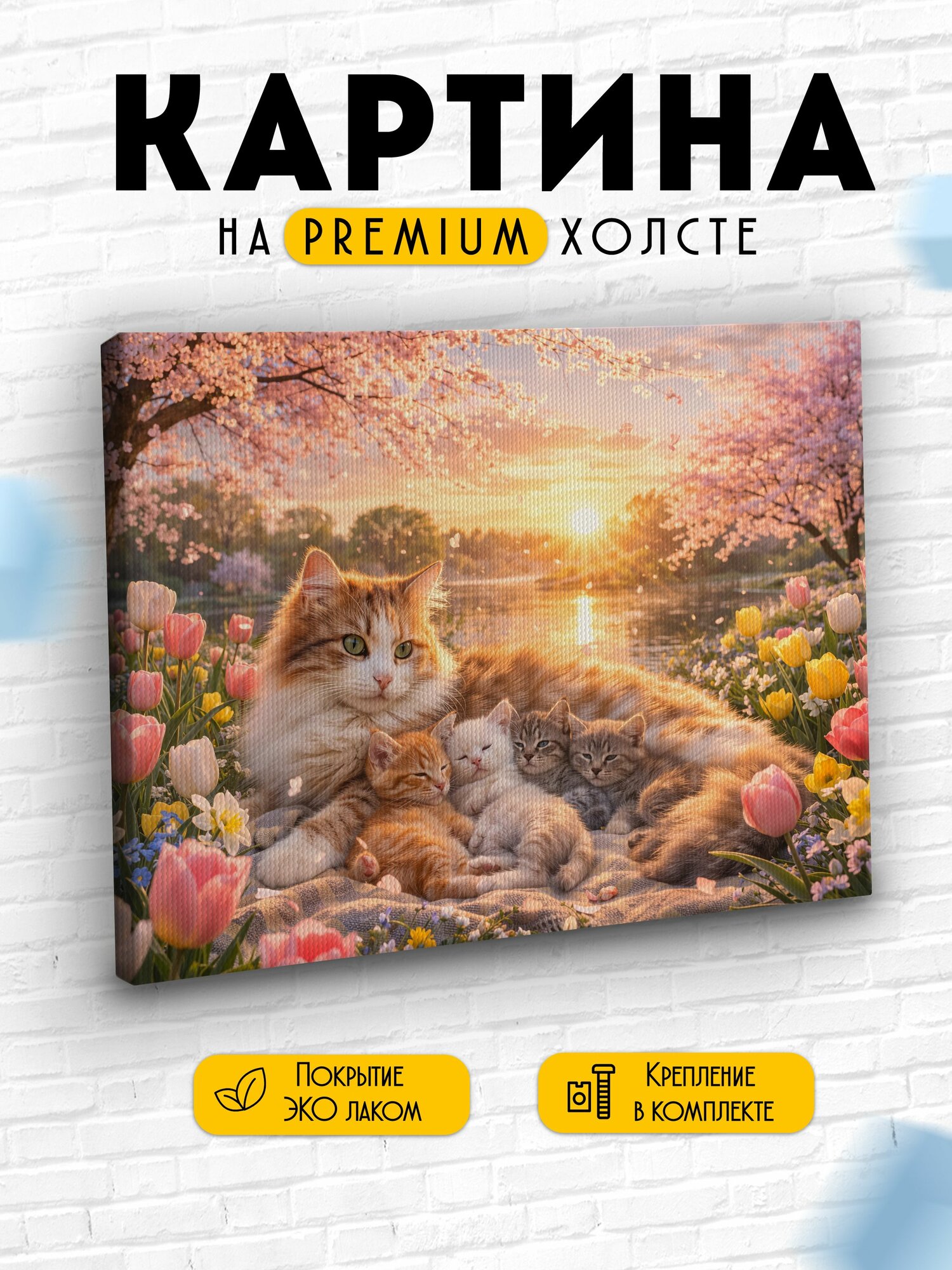 Картина на холсте, Кошка с котятами, тюльпаны, сакура, для нежности, в детскую 30*40