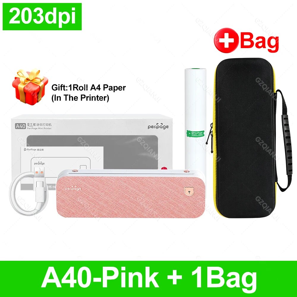 Портативный принтер PeriPage A40 розовый 203dpi + Bag