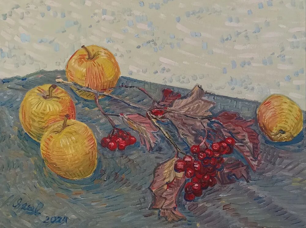 Картина маслом "Калина с яблоками", 30х40 см, ручная работа