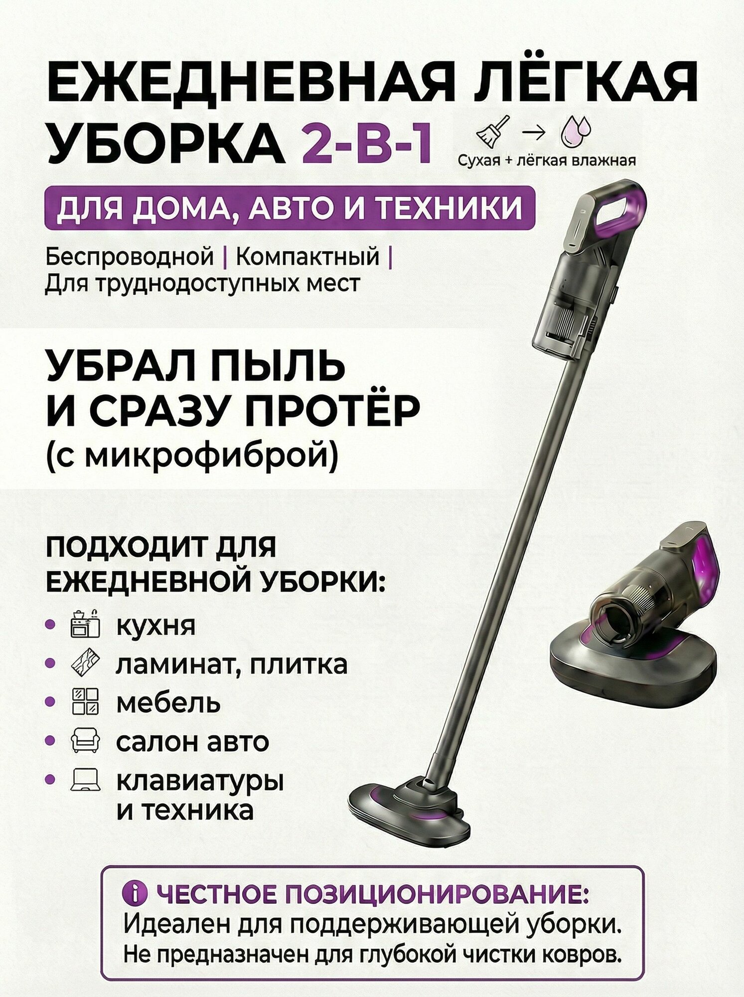 Вертикальный беспроводной пылесос 2 в 1 аккумуляторный 120 Вт 8500Pa HEPA, ручной для дома и квартиры, компактный для мебели, ковров и авто, для шерсти животных