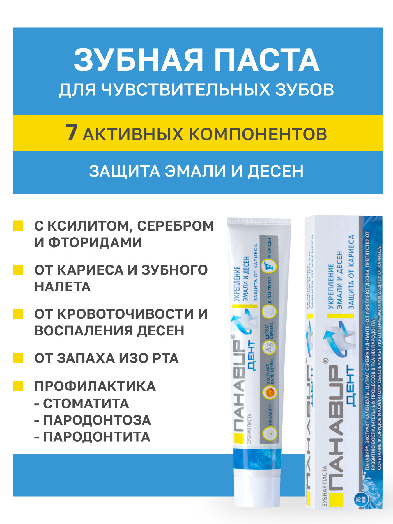 Зубная паста Панавир Дент, 75 г, для комплексного ухода, для десен