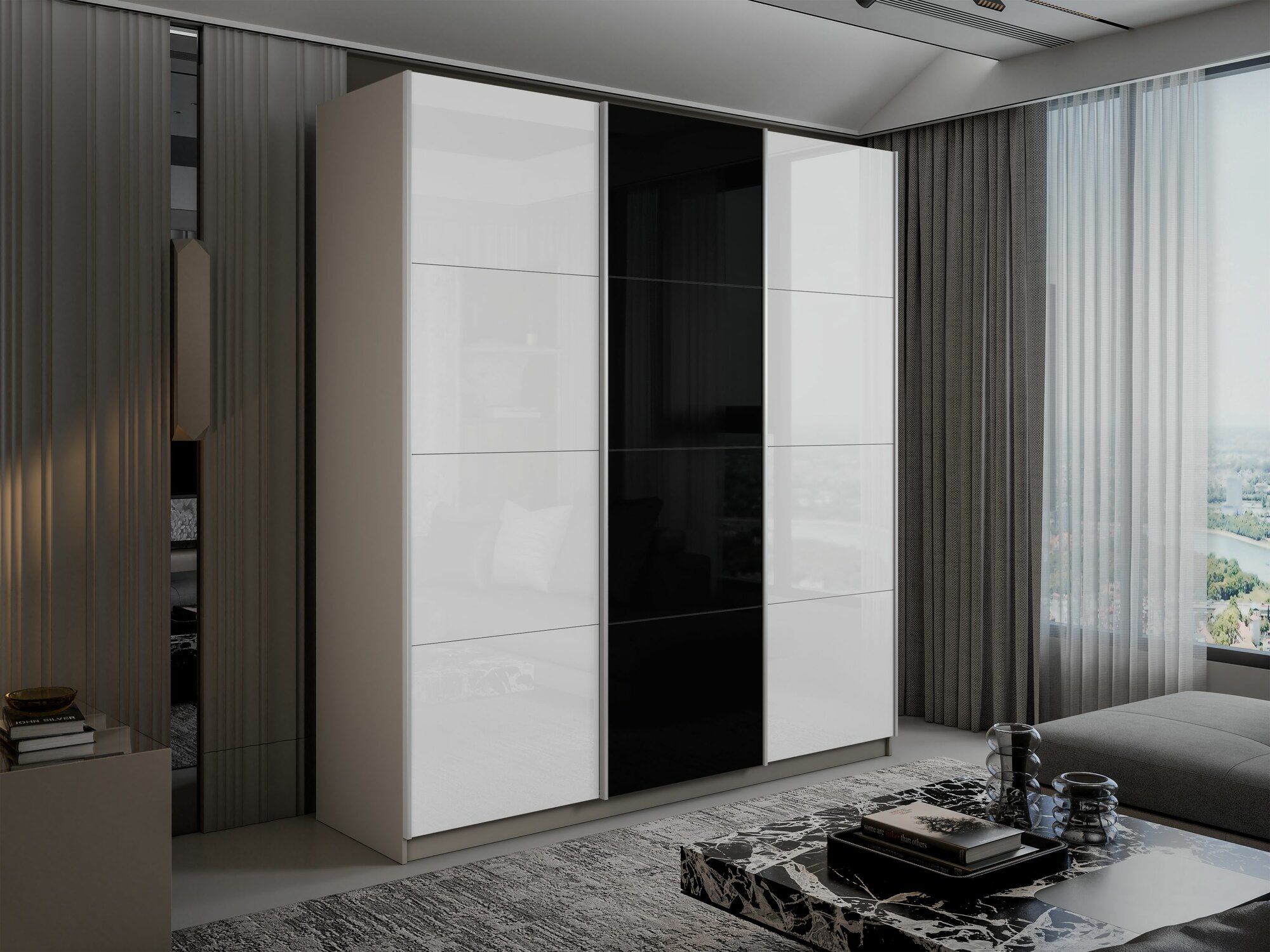 Шкаф-купе Прайм стекло Белое/стекло Черное 240x57x230 бежевый