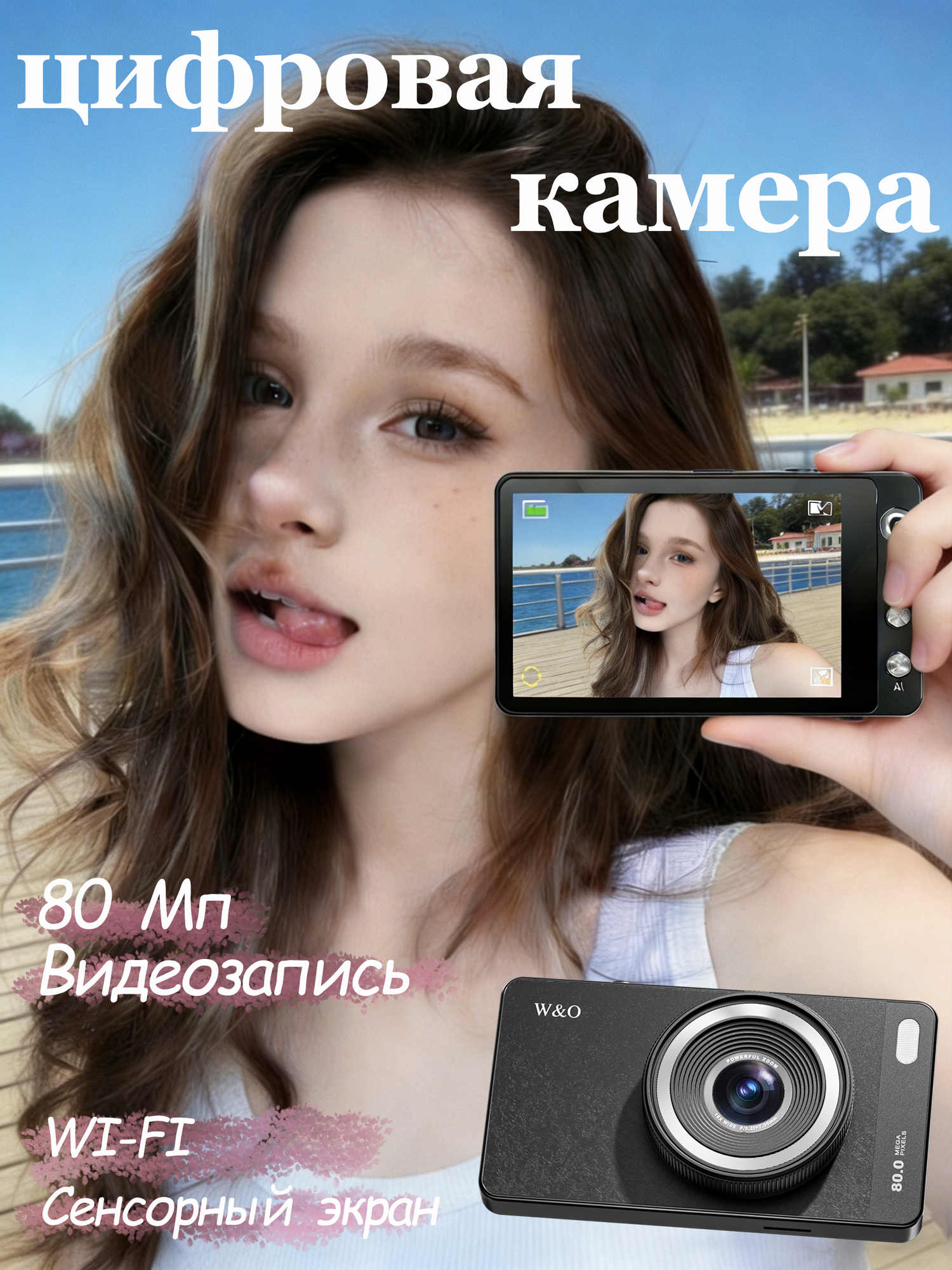 Портативная цифровая фотоаппарат, сенсорное управление, 80 Мп, MP4+ просмотр видео + Wi-Fi , жизненный рекорд, черный