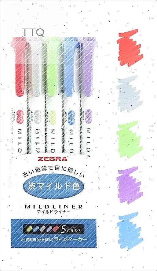 ZEBRA Mildliner 5 Colors Markers Set, Double-Sided, 4mm Chisel Tip, Water-Based Ink