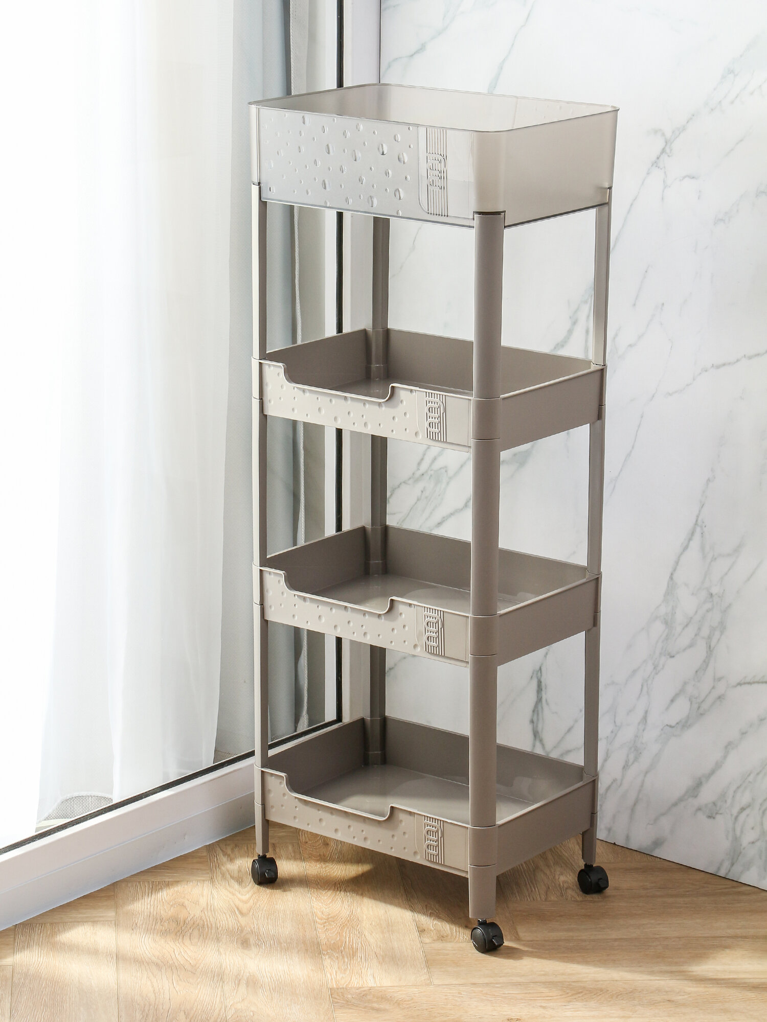 Этажерка на колесах 4 секции 39х28х102 см серая Y4-11631, полка универсальная пластиковая напольная для ванной и кухни