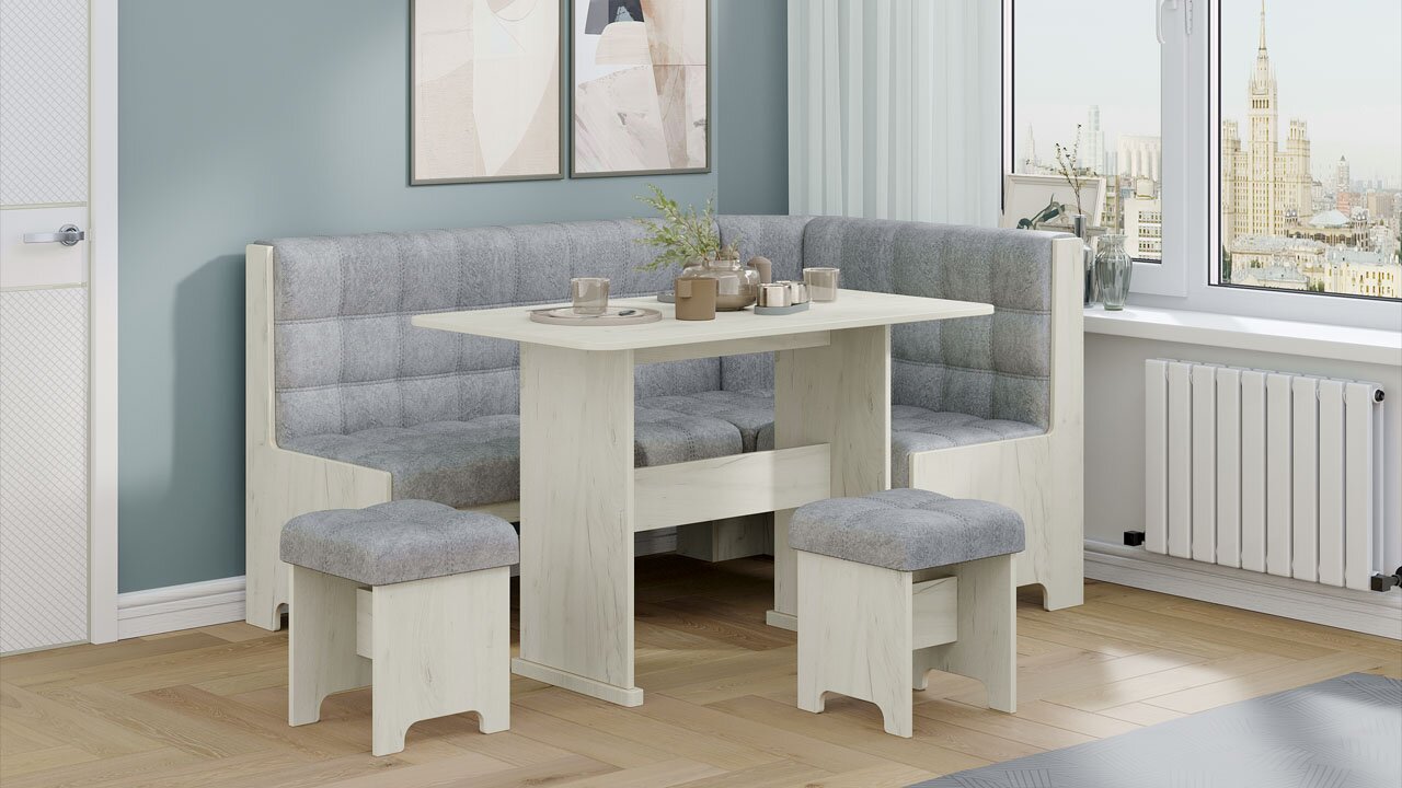Кухонный уголок со столом "Флорида", дуб крафт белый / микровелюр Wellmart Silver