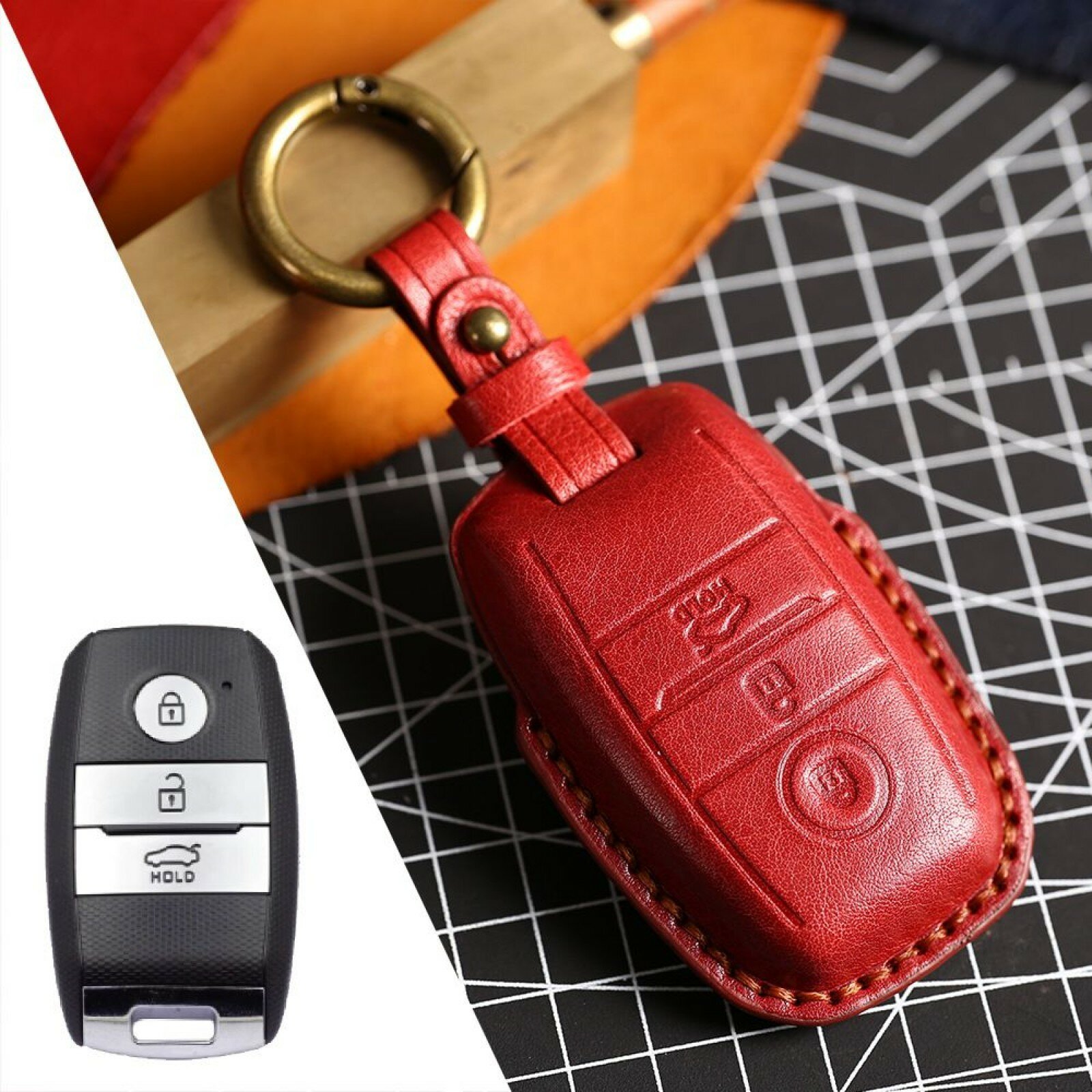 Кожаный чехол MyPads для ключа автомобиля Kia и Hyundai с металлическим кольцом и красным цветом