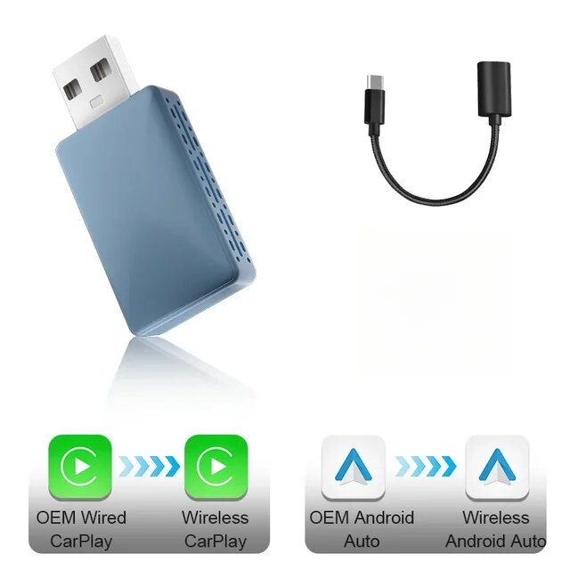 Проводной и беспроводной адаптер CarPlay/Android Auto 2-в-1, совместимый со штатными автомобильными аудиосистемами, с функцией подключения по USB.