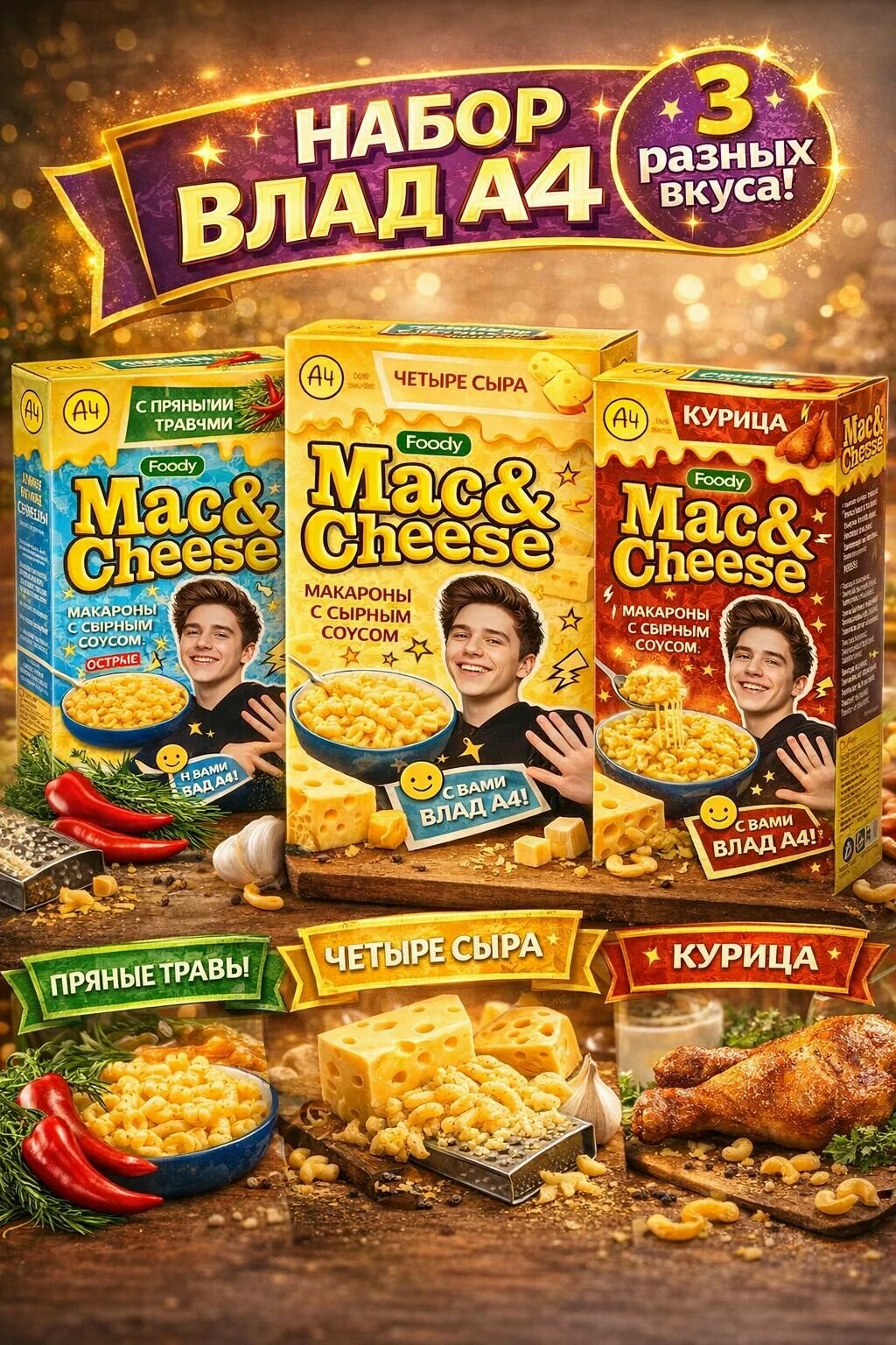 Набор 3 вкуса макарон Влад А4 Mac&Cheese по 143 гр