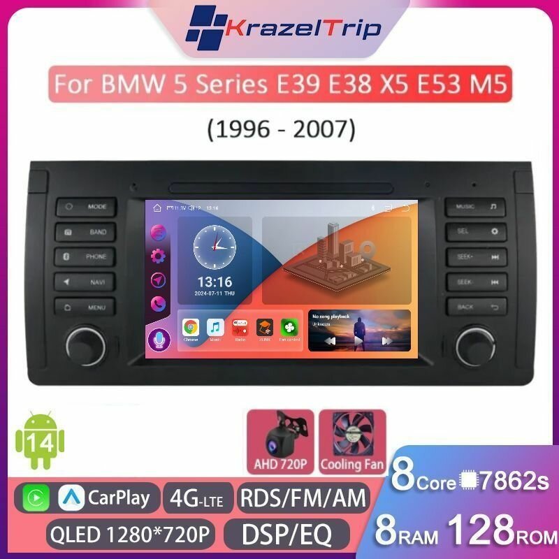 Автомагнитола KrazelTrip для BMW E39/E38, X5 E53 и M5 — GPS навигатор с AHD камерой, CarPlay, Android Auto, Bluetooth, RDS