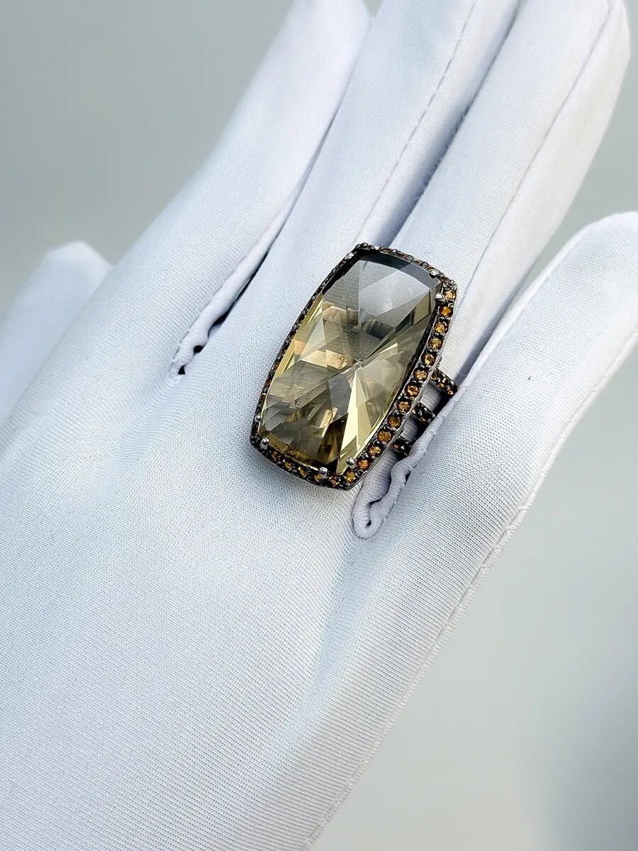 Кольцо широкое, серебро, 925 проба, родирование, чернение, цитрин