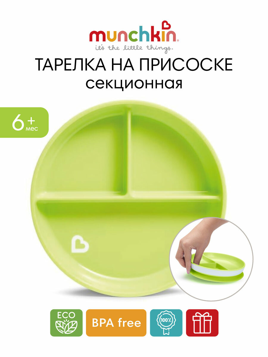 Тарелка детская на присоске секционная Munchkin, Stay Put™ нежно-зеленый, 6+ мес.