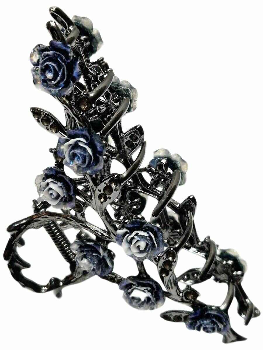 Краб для волос большой, металлический. 11 см графитовый металлик со стразами и розами