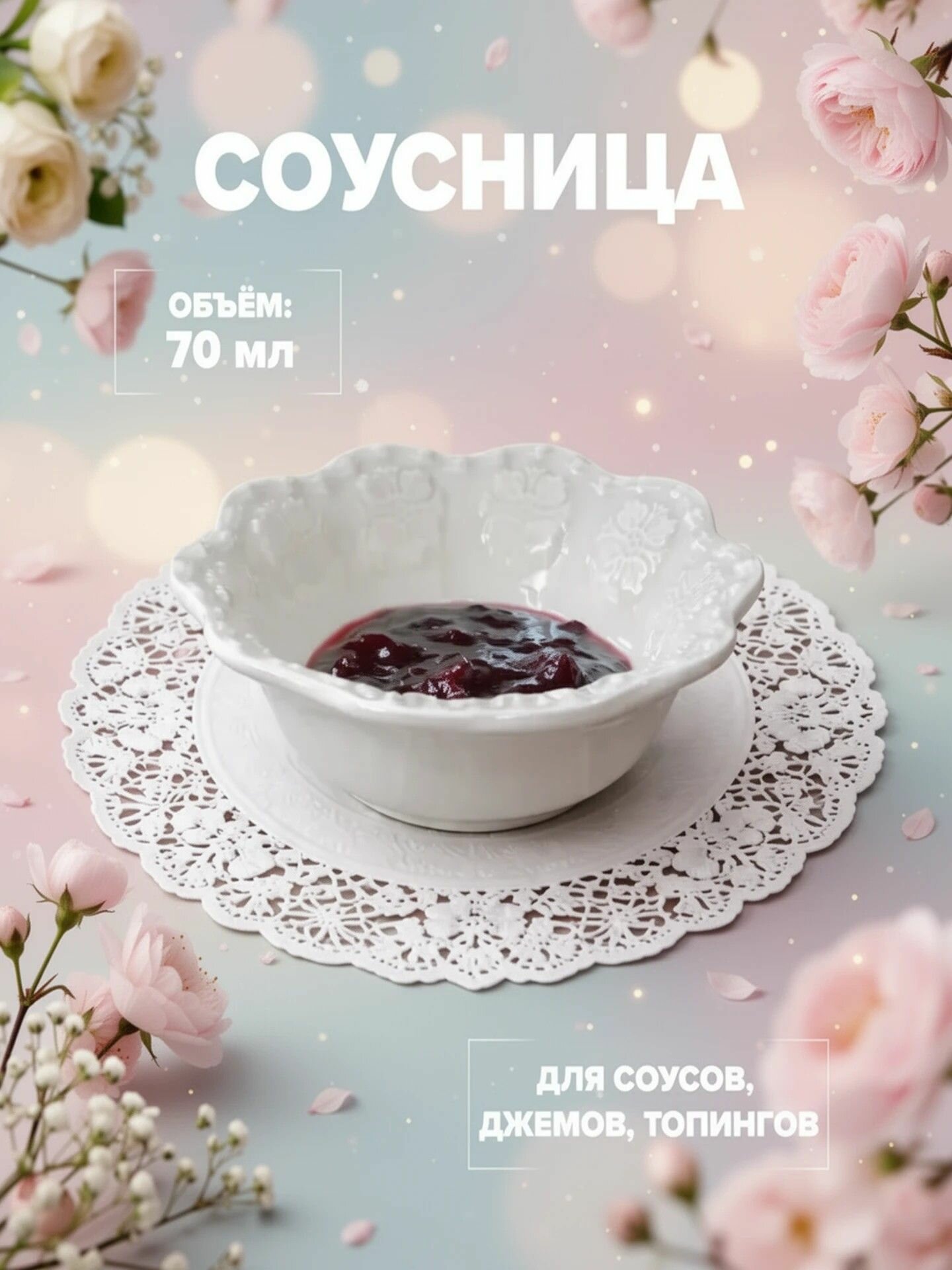 Соусница, 70 мл, фарфор, для подачи соусов, джемов и топингов, станет настоящим украшением любого застолья, будь то повседневный обед или торжественный ужин.