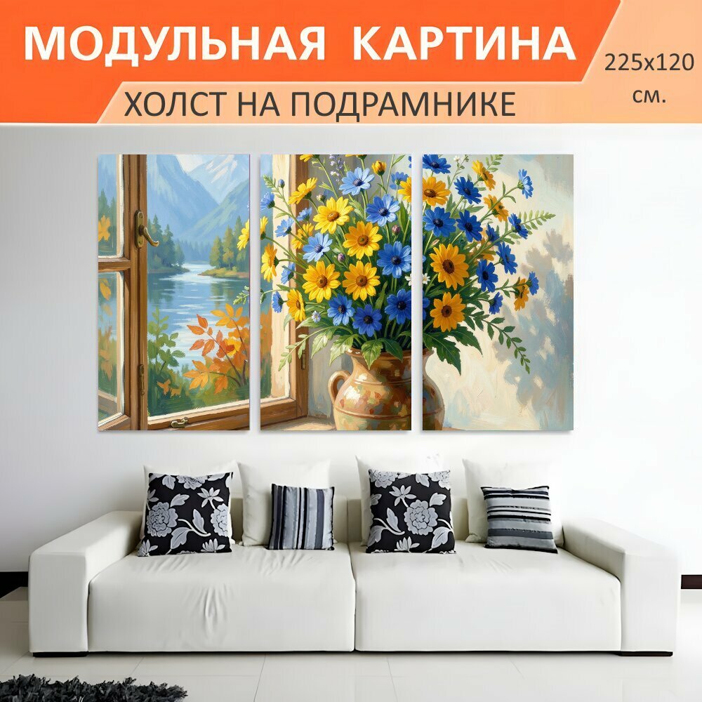 Модульная картина на холсте "Полевые цветы у окна с горами. Живописная летняя композиция с букетом ярких ромашек и васильков в." триптих на подрамнике 225х120 см. для интерьера