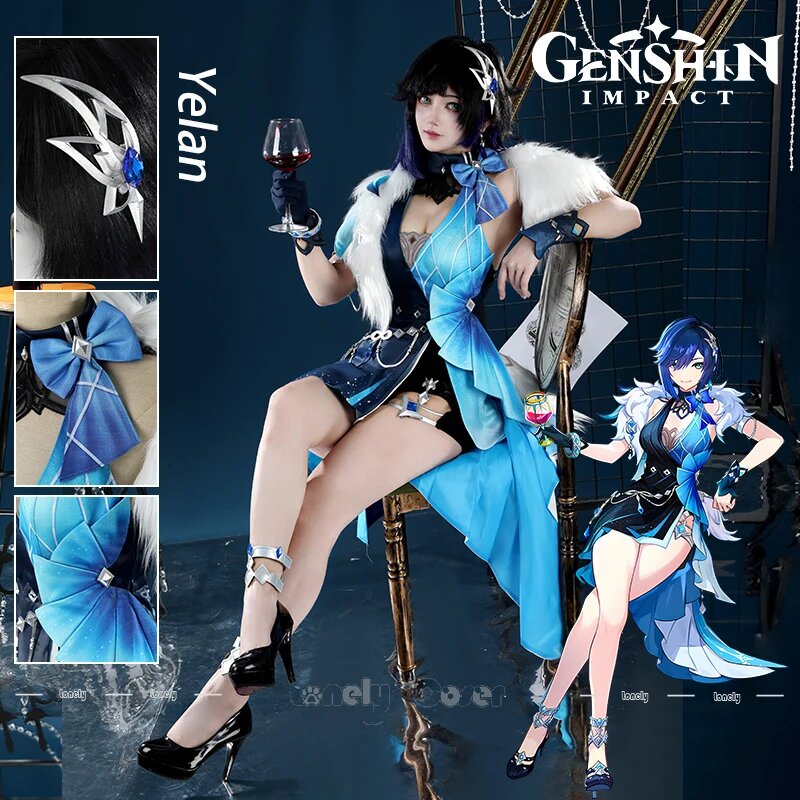 Genshin Impact Yelan Косплей Костюм, Синий, XL