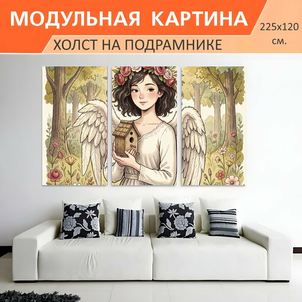 Модульная картина на холсте "Ангел в цветочном венке. Нежная иллюстрация девушки с крыльями в лесной поляне, с деревянным." триптих на подрамнике 225х120 см. для интерьера