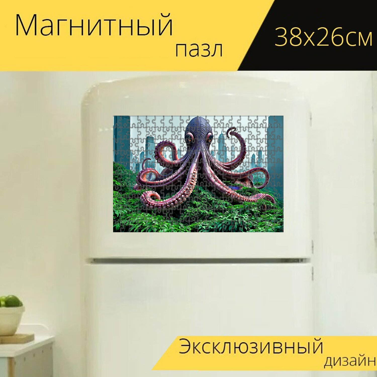 Магнитный пазл "Гигантский осьминог с пурпурными щупальцами, обвивающий современные города, покрытые зелеными растениями. На фоне высокие небоскребы и." для интерьера, 38х26 см.