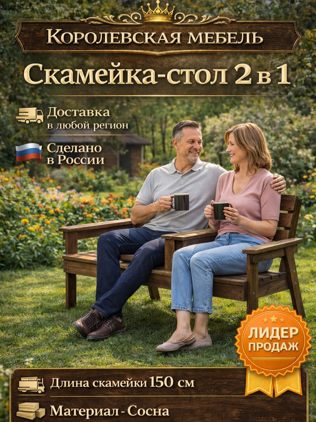 Скамейка-стол трансформер 2 в 1 из сосны 150 см, садовая лавка-стол для дачи и сада