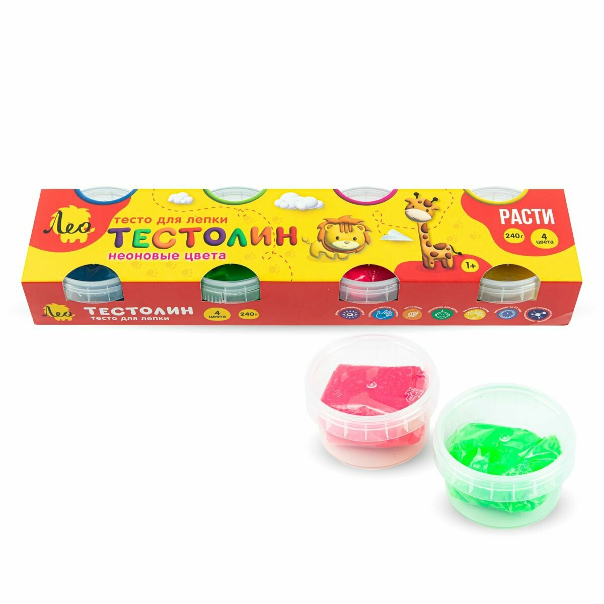 Лео Тестолин масса для лепки, 240 грамм, набор 4 неоновых цвета, LPLN-0104