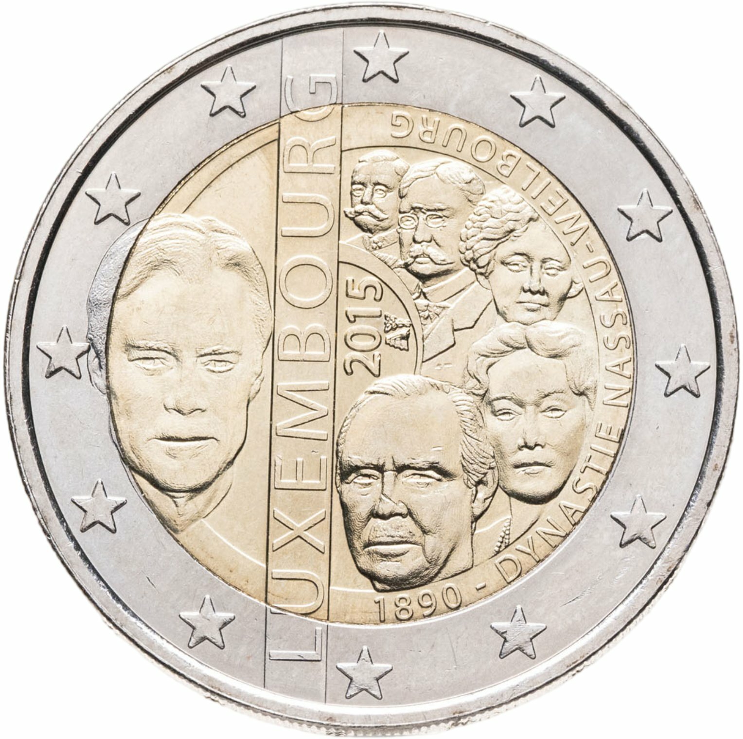 Люксембург 2 евро euro 2015 125-летие династии Нассау-Вейльбург, Биметалл, в сохранности AU-UNC