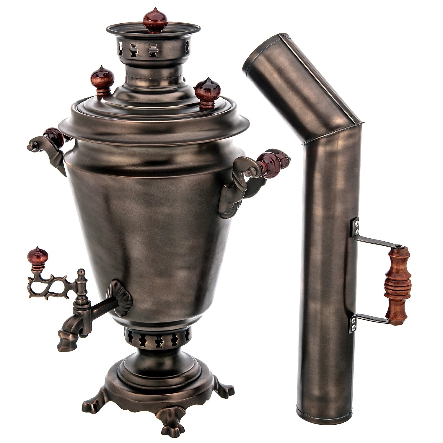 0076776/5л комплект Самовар+труба Рюмка гладкая жаровой латунный толстостенный, бурая патина