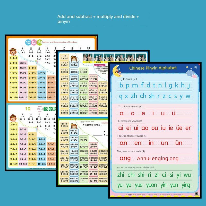 3 листа: разложение, умножение, деление и пиньинь для начальной школы