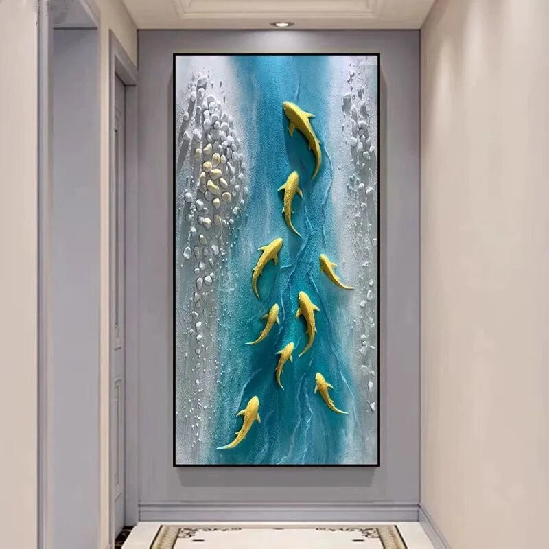Алмазная мозаика без подрамника (45х90)50х95 "Счастливые рыбки кои", пейзажная алмазная вышивка, роспись стразами