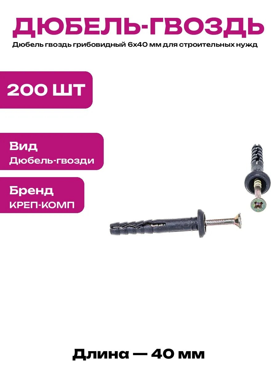 Строительный дюбель гвоздь 6х40 с бортиком гриб для ремонта