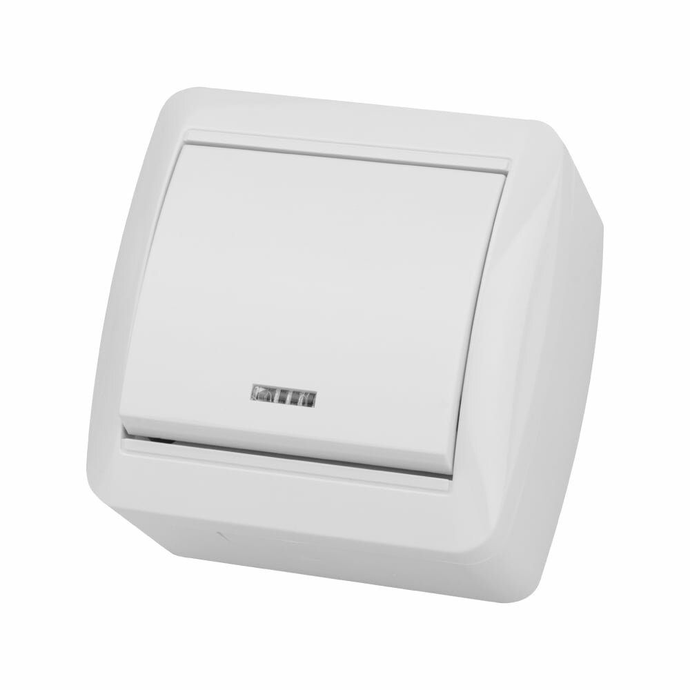 Выключатель одноклавишный накладной с подсветкой, белый IP44 TDM ELECTRIC 10А, серия "Селигер" SQ1818-0003