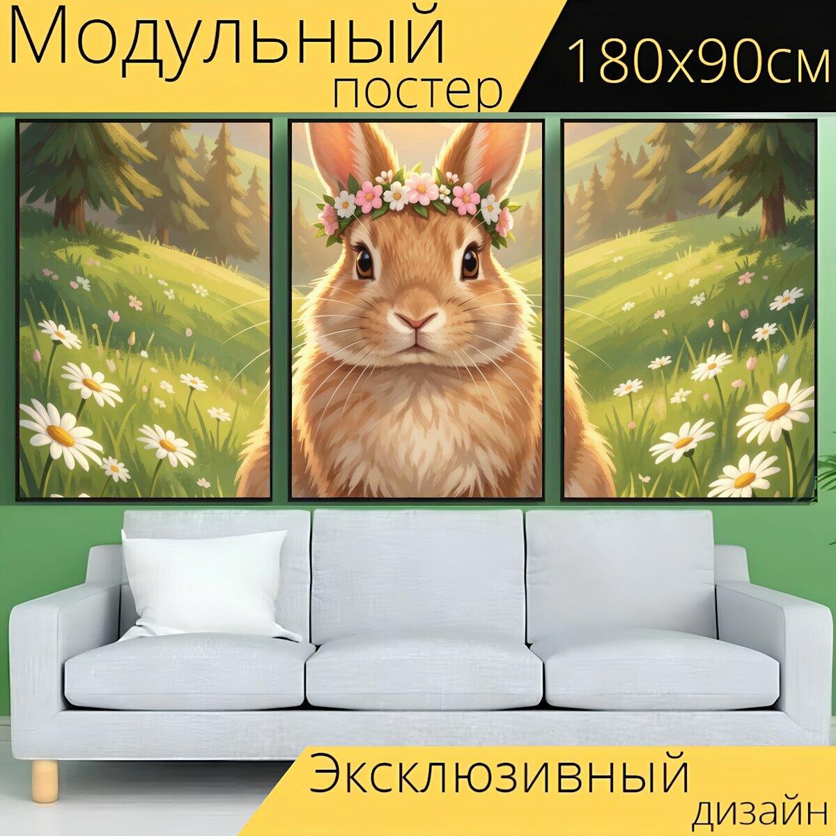 Модульный постер "Очаровательный кролик в цветочном венке. Милый зайчик в нежном цветочном венке сидит на лугу среди ромашек, на фоне." 180 x 90 см. для интерьера на стену в тубусе
