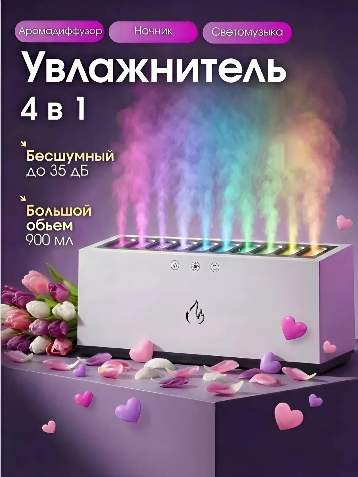 Увлажнитель воздуха для дома с аромадиффузором, с подсветкой 900 мл, белый