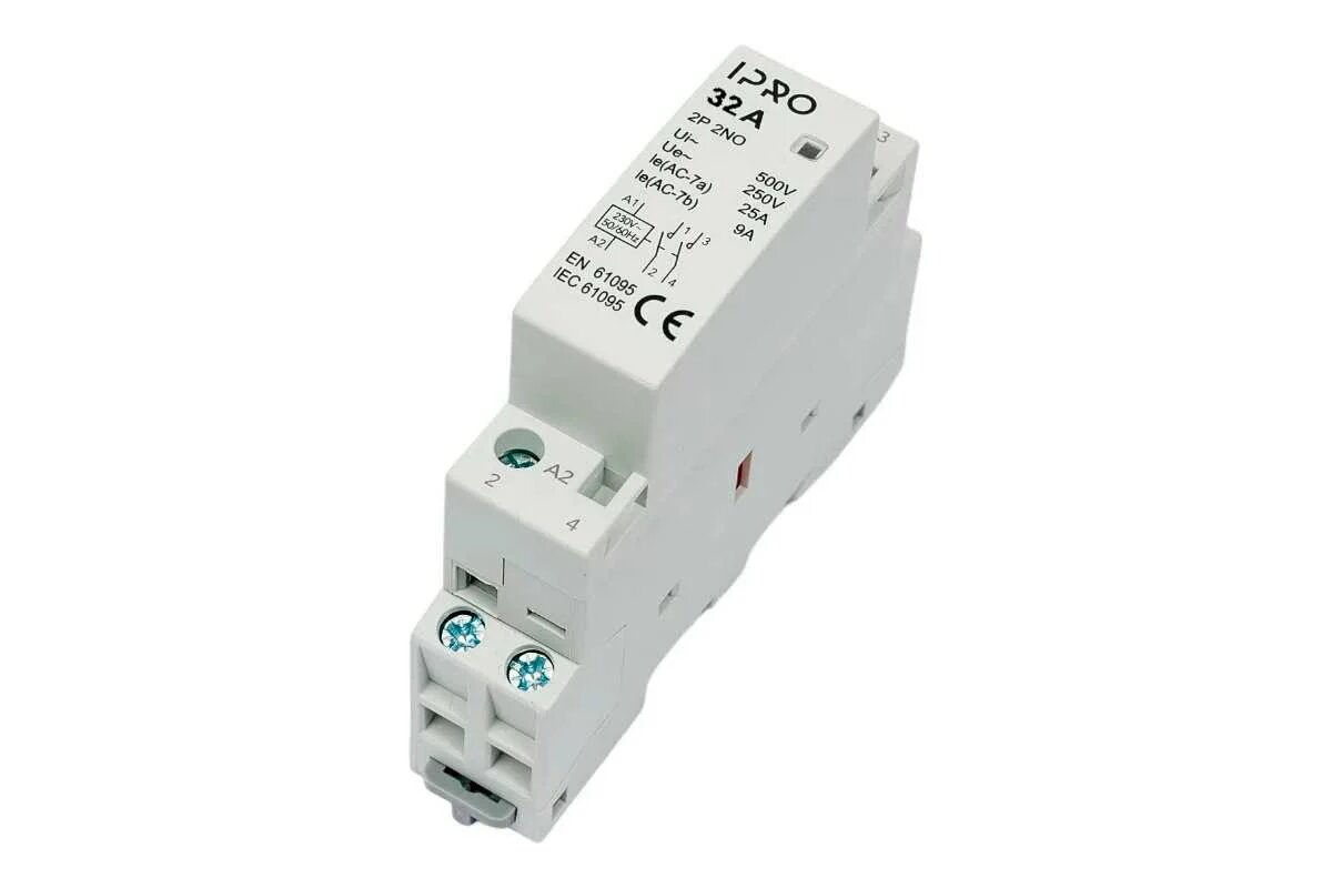 Контактор модульный IPRO 32А 2‑полюсный на DIN‑рейку из пластика с тепловым реле, степень защиты IP20, номинальный ток 25 А, напряжение 230 В.