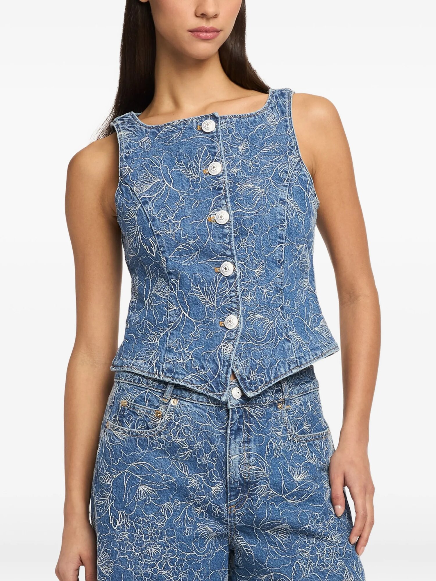 Жилет cinq a sept Floral button-denim vest, размер 2XS, blue — фото 1