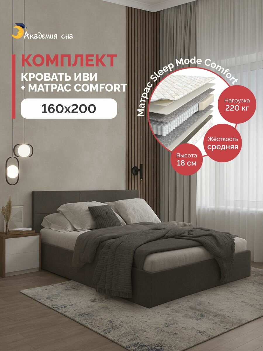 Кровать с матрасом 160х200 двуспальная с мягким изголовьем Академия сна Иви Тк. Dumont 26