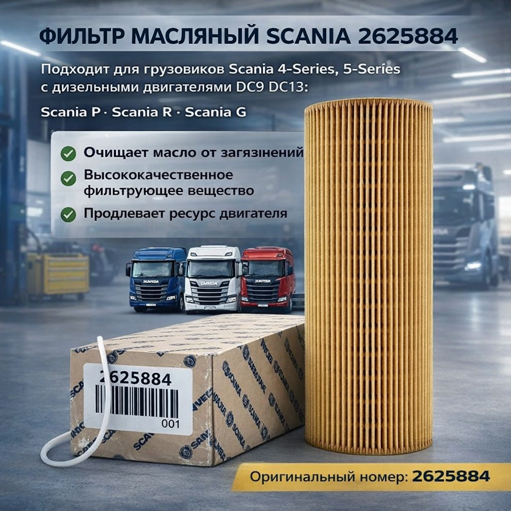 Фильтр масляный 2625884 Scania 4-Series 5-Series DC9 DC13 R P G дизель